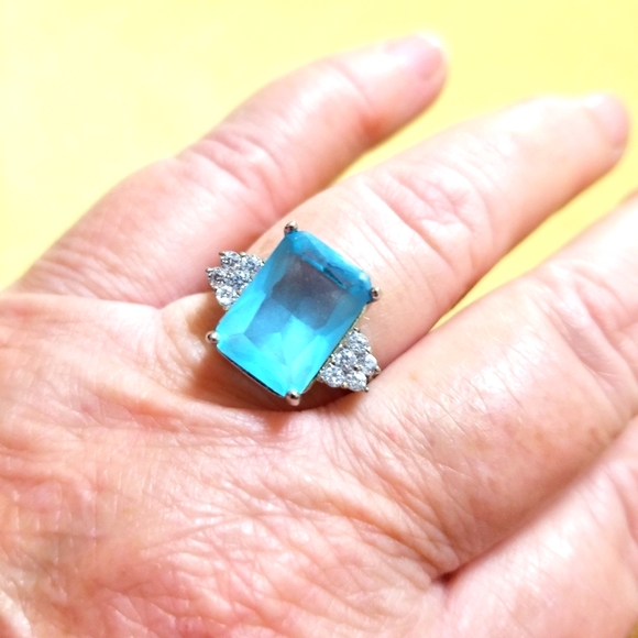 Jewelry | Ring Large Rectangular Light Blue Faux Stone W Faux Diamonds ...